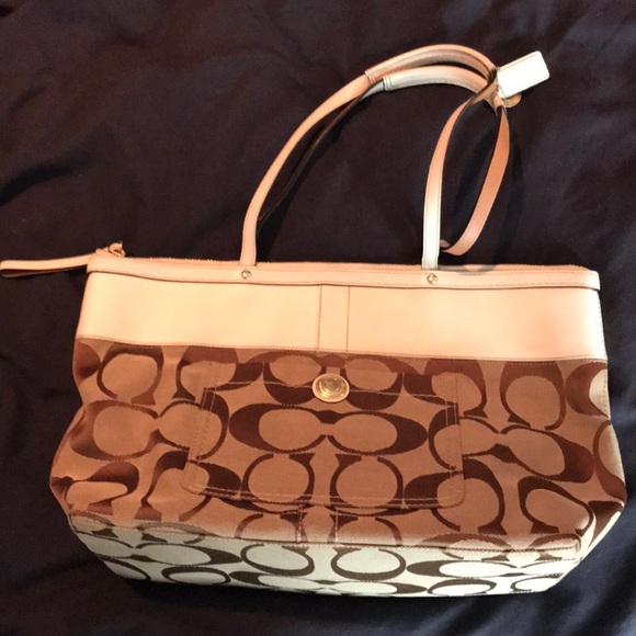 Coach | Bags | Authentic Coach Signature Print Brownwhite Purse | Poshmark